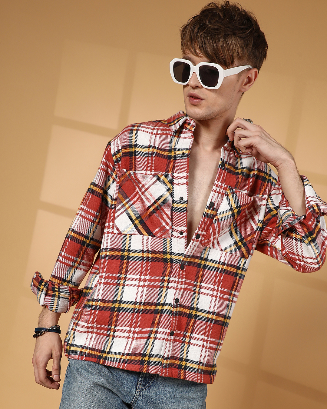 Buy Men's Red & White Checked Loose Fit Shacket Online at Bewakoof