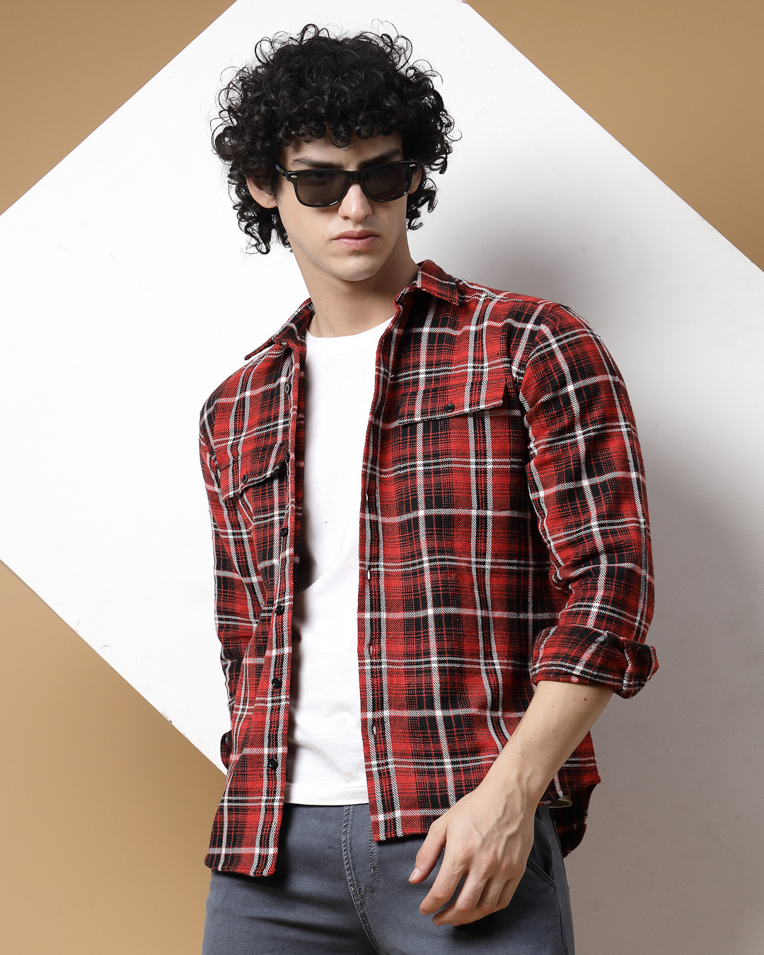 Buy Men's Red & White Flannel Checked Oversized Shacket Online at Bewakoof