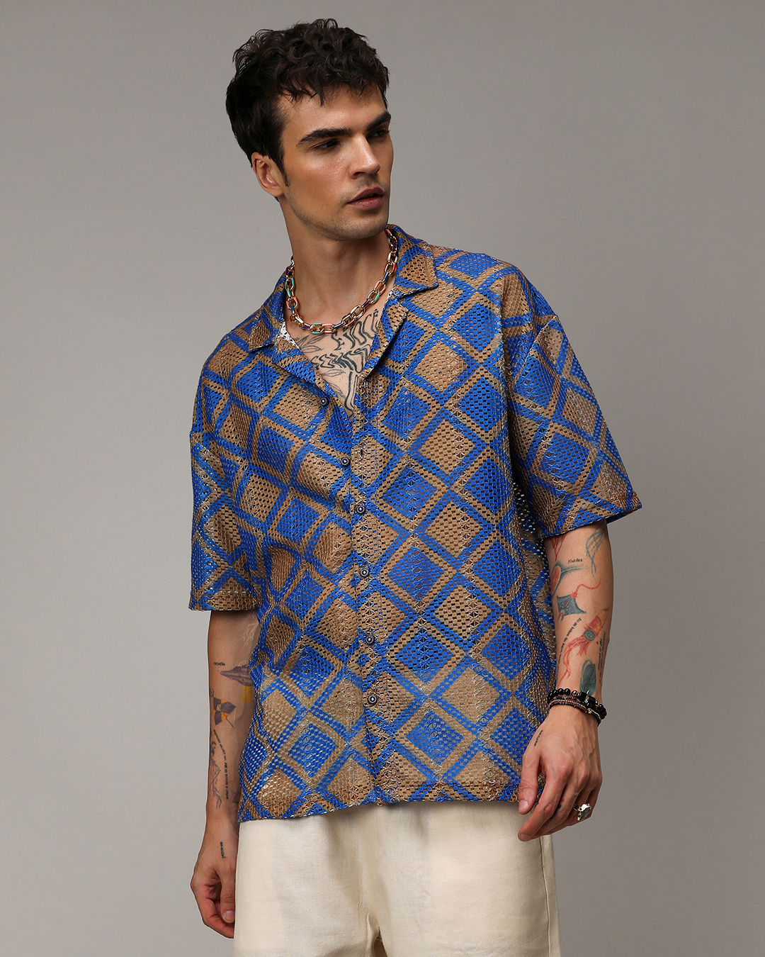 Buy Men's Royal Blue & Mocha Brown Geometric Printed Oversized Shirt ...