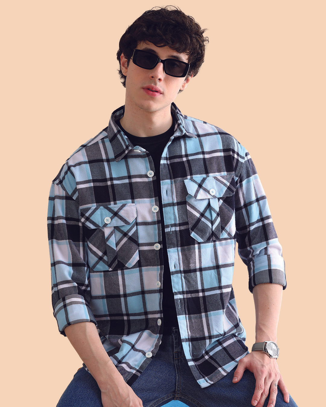 Buy Men's Sky Blue & Black Checked Oversized Shacket Online at Bewakoof