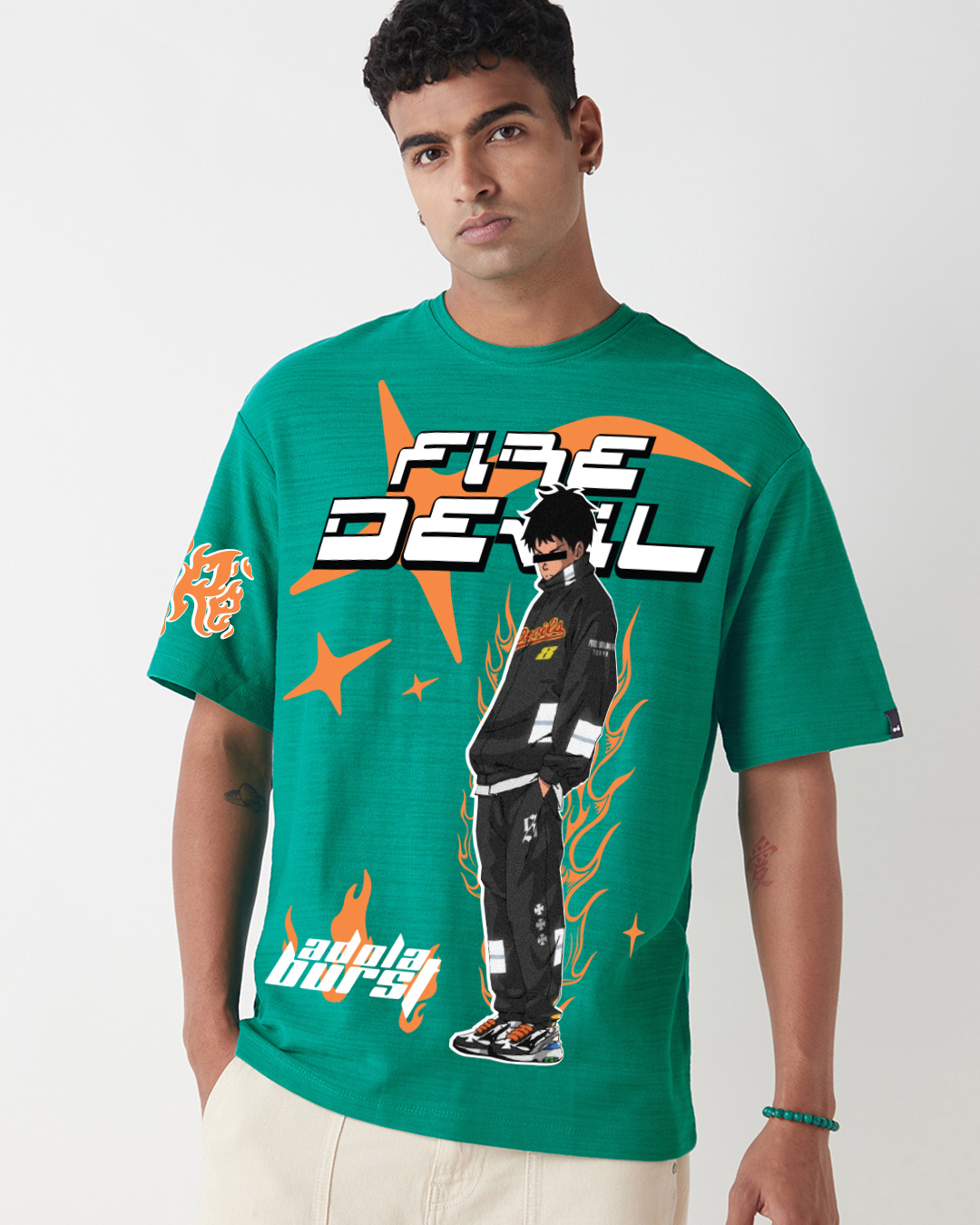Buy Men's Slushy Green Fire Devil Graphic Printed Oversized T-shirt ...