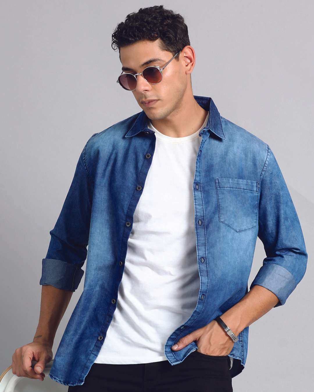 Buy Men's Stone Blue Washed Denim Shirt Online at Bewakoof