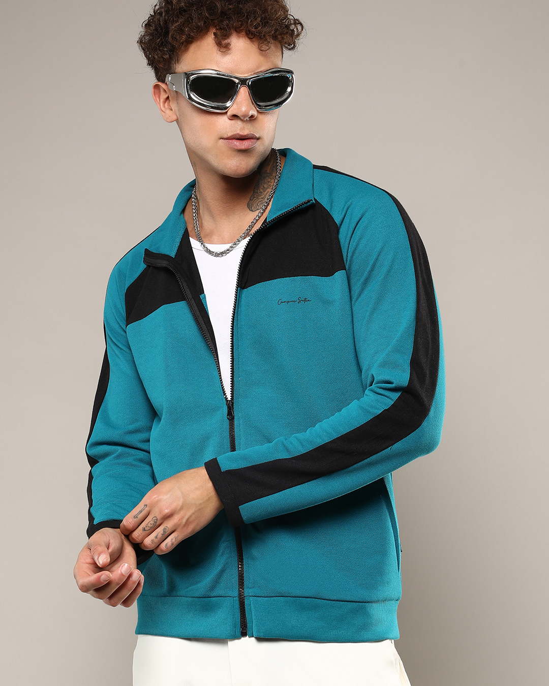 Buy Men's Teal Blue & Black Color Block Zipper Jacket Online at Bewakoof