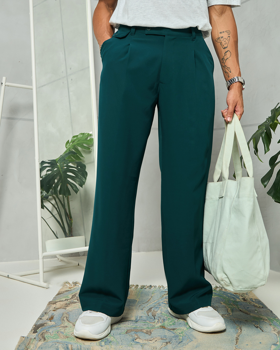 Buy Men's Teal Blue Wide Leg Korean Pants Online at Bewakoof