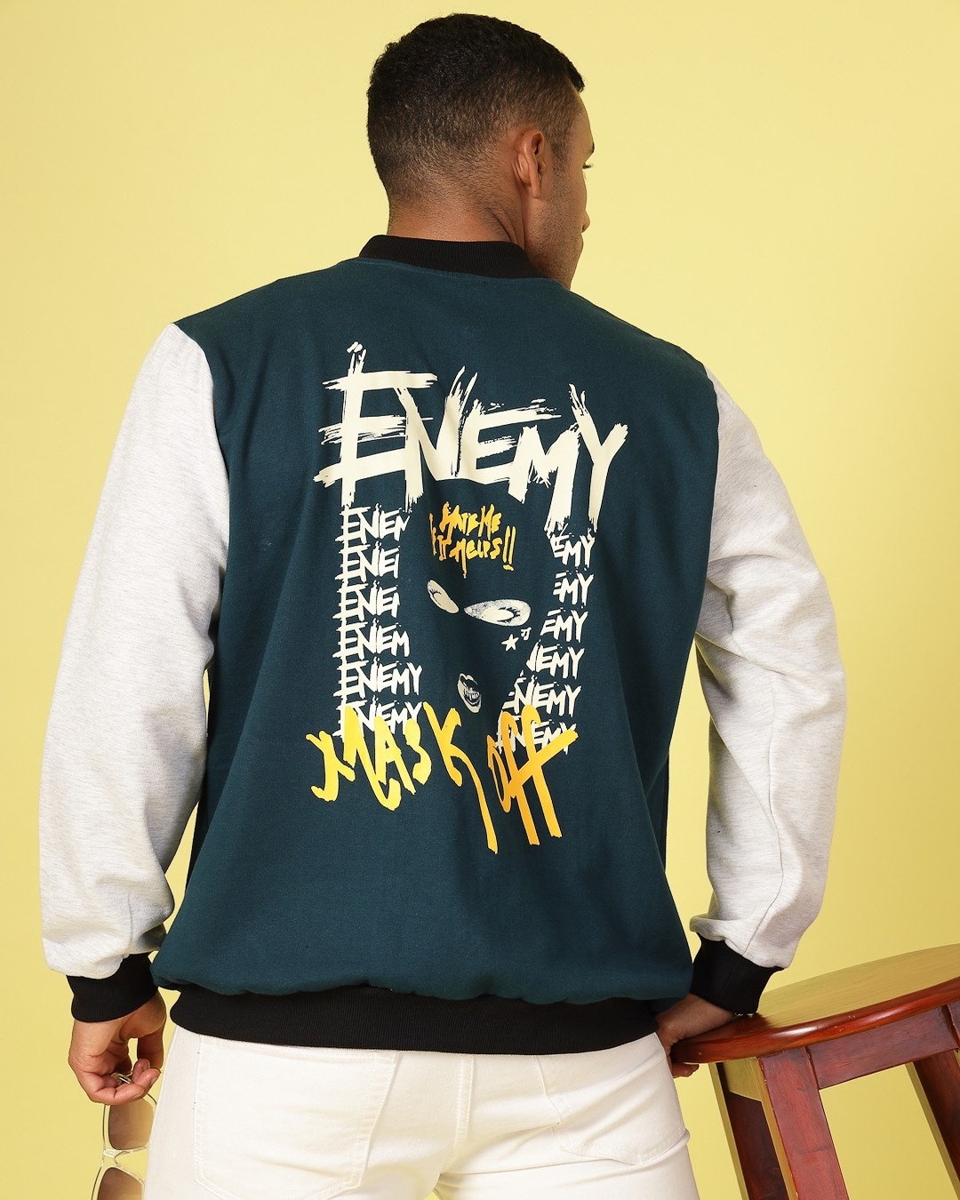 Buy Men's Teal Green & White Graphic Printed Oversized Bomber Jacket ...