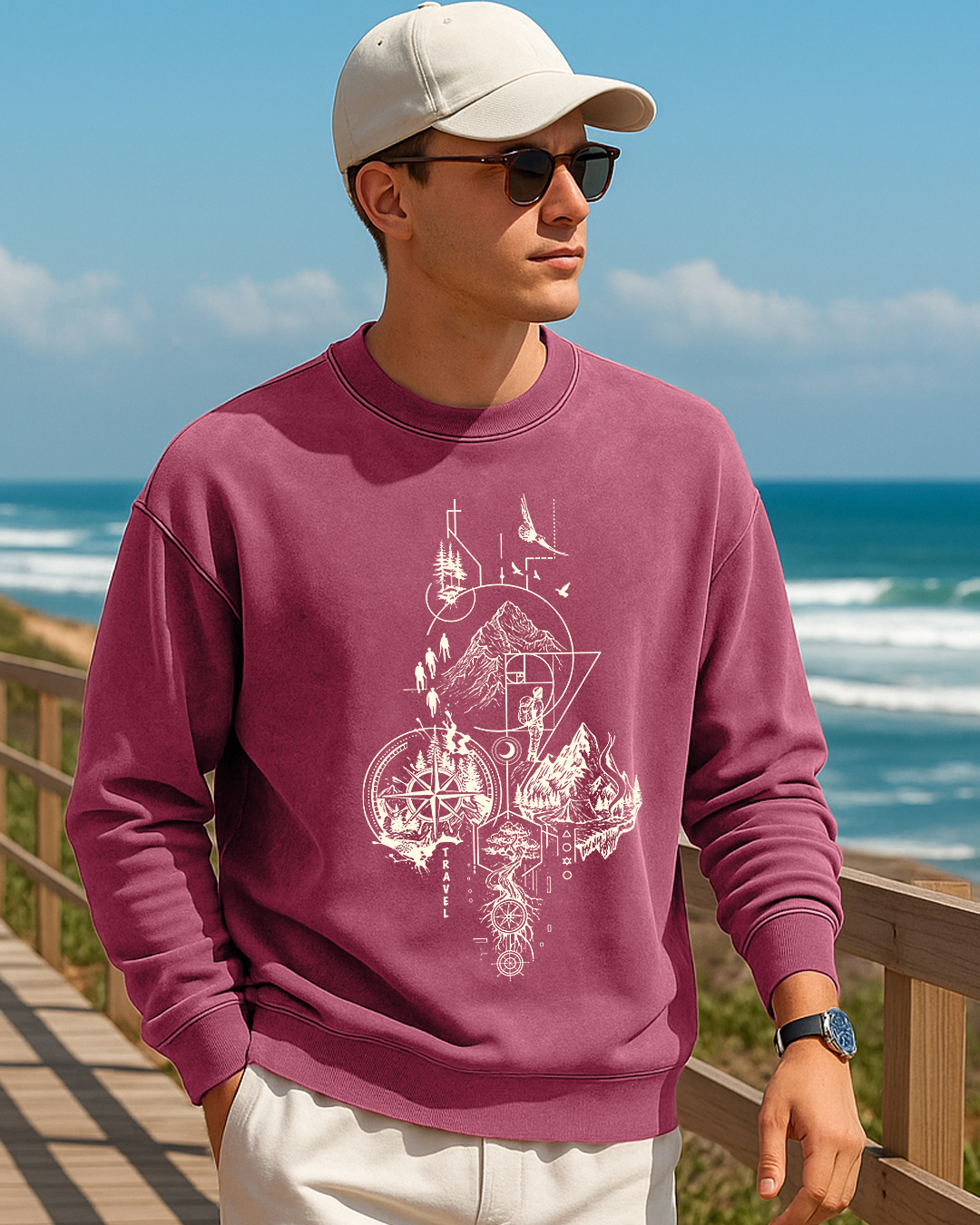 Buy Men's Tibetan Red Travel Graphic Printed Oversized Acid Wash ...