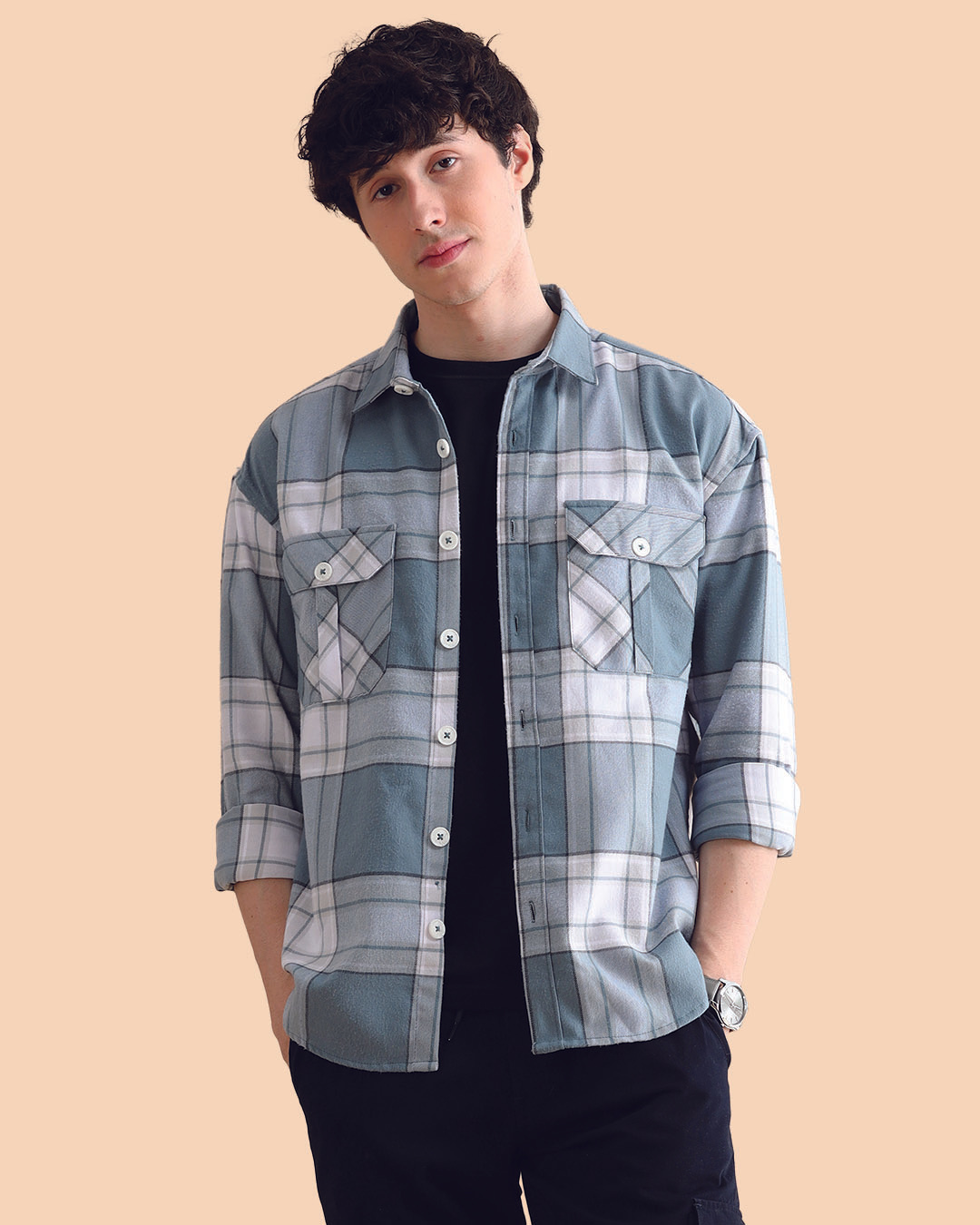 Buy Men's Urban Blue & White Checked Oversized Shacket Online at Bewakoof