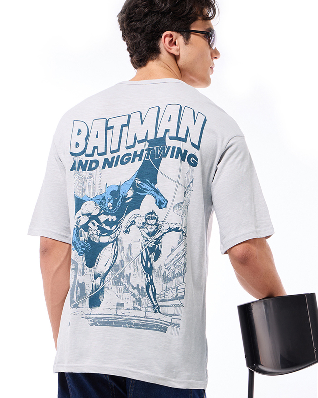 Buy Men's Vapour Blue Batman & Nightwing Graphic Printed Oversized T ...