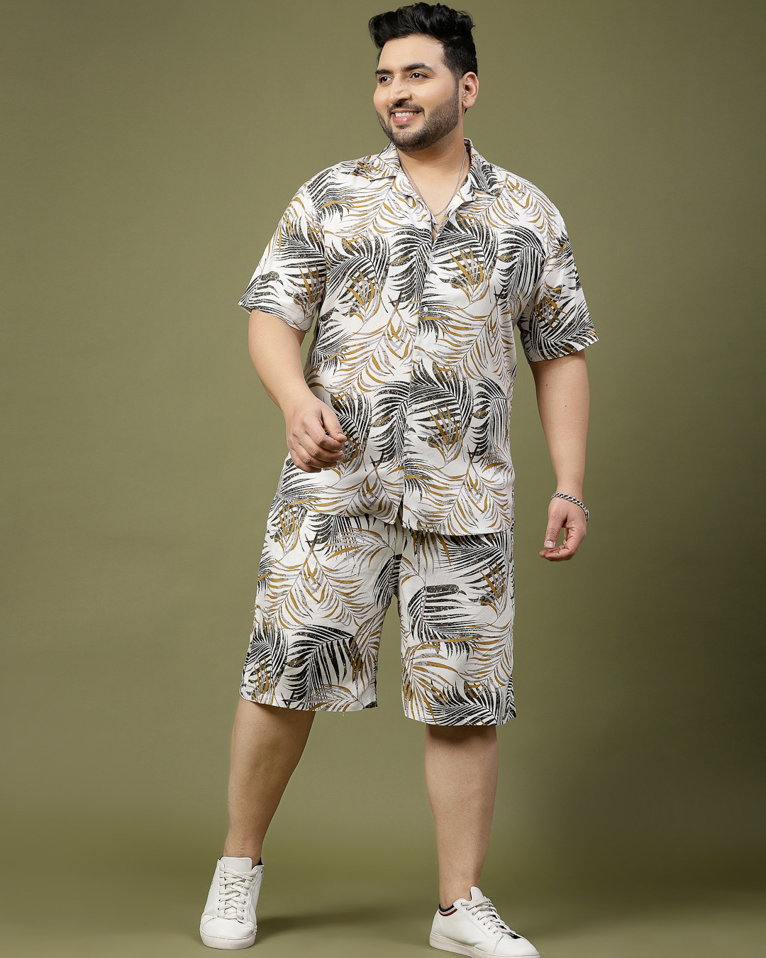 Buy Mens White All Over Leaf Printed Plus Size Co Ordinates Online In