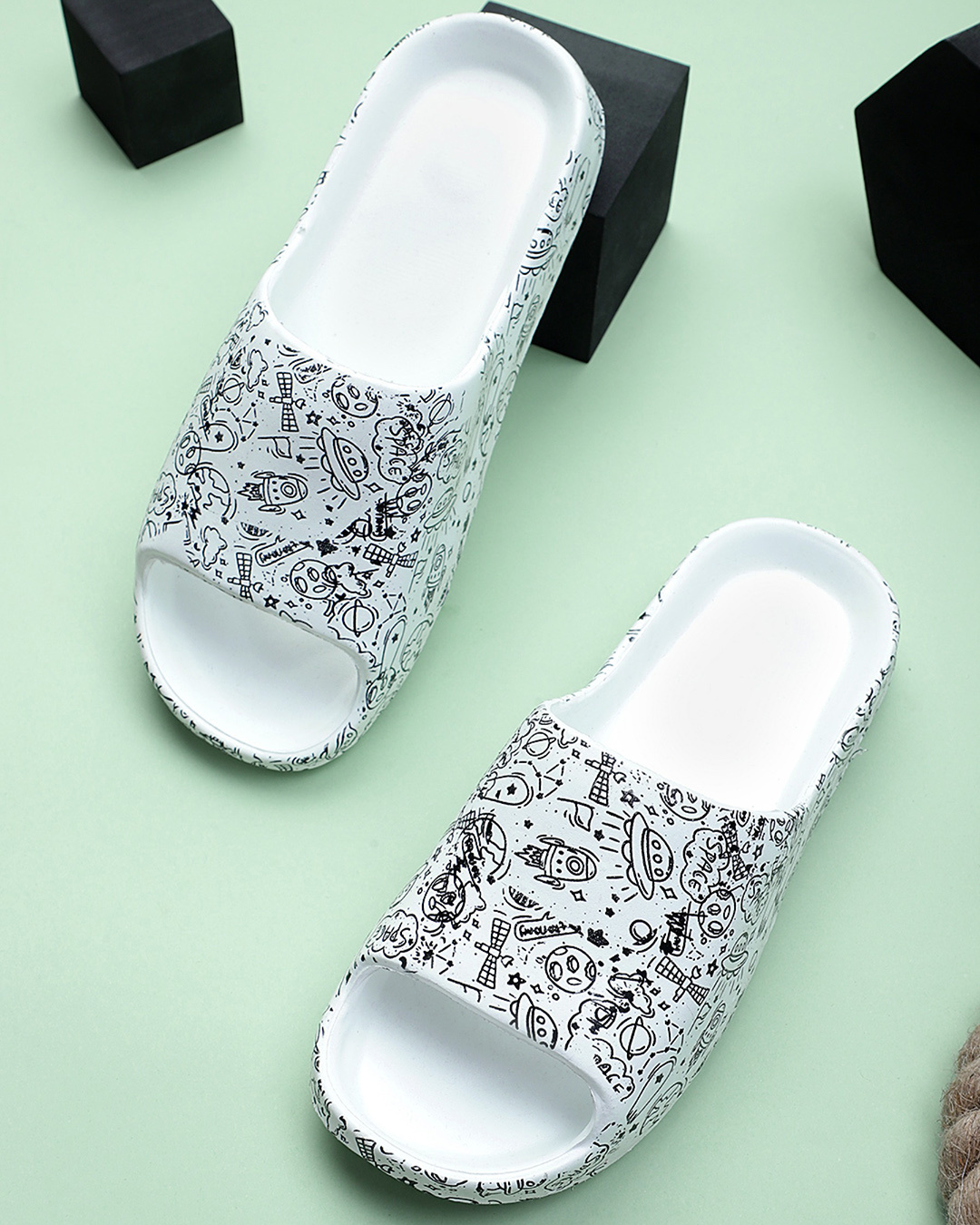Buy Men's White All Space Printed Sliders Online in India at Bewakoof
