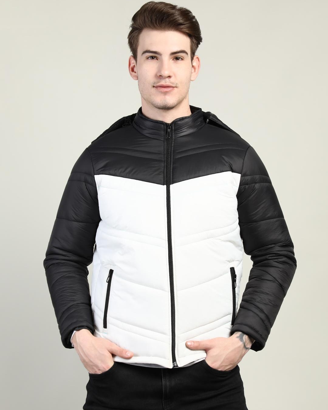 Buy Men's White & Black Color Block Hooded Puffer Jacket Online at Bewakoof