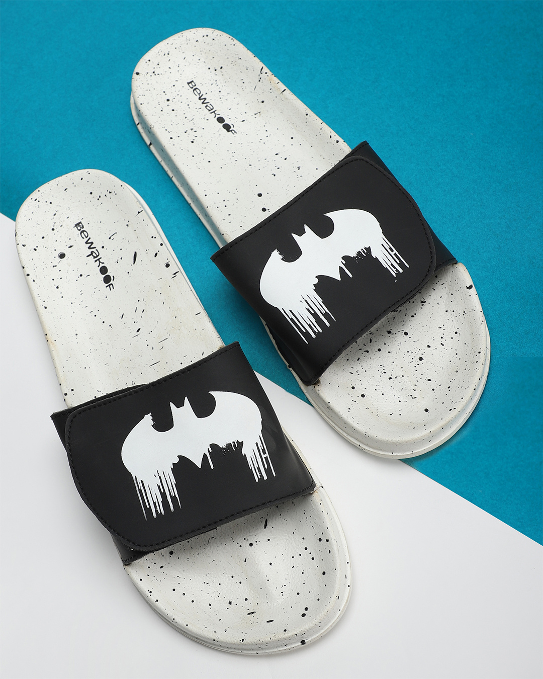 Buy Men's White Batman Dripping Logo Printed Velcro Sliders Online in ...