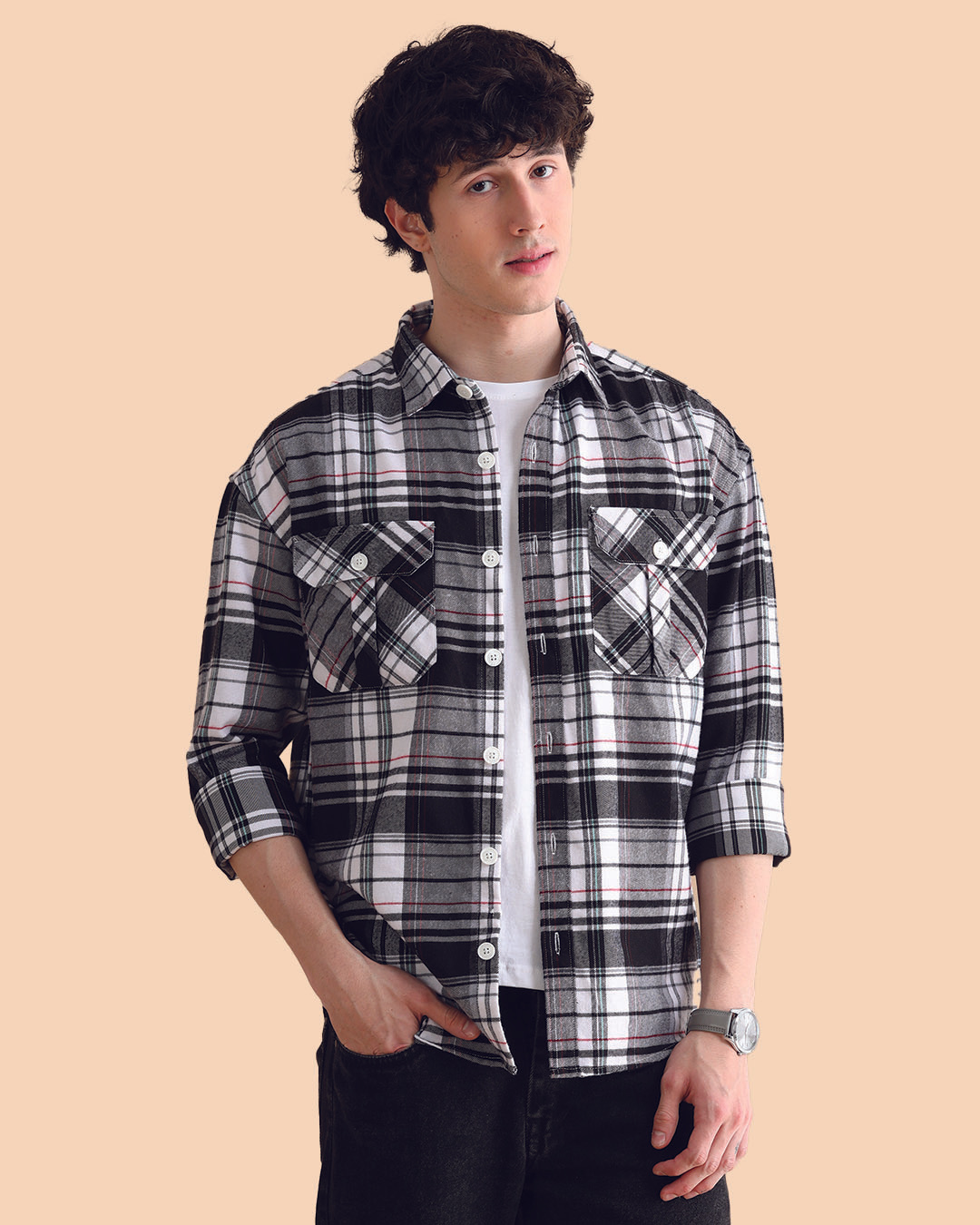 Buy Men's White & Black Checked Oversized Shacket Online at Bewakoof