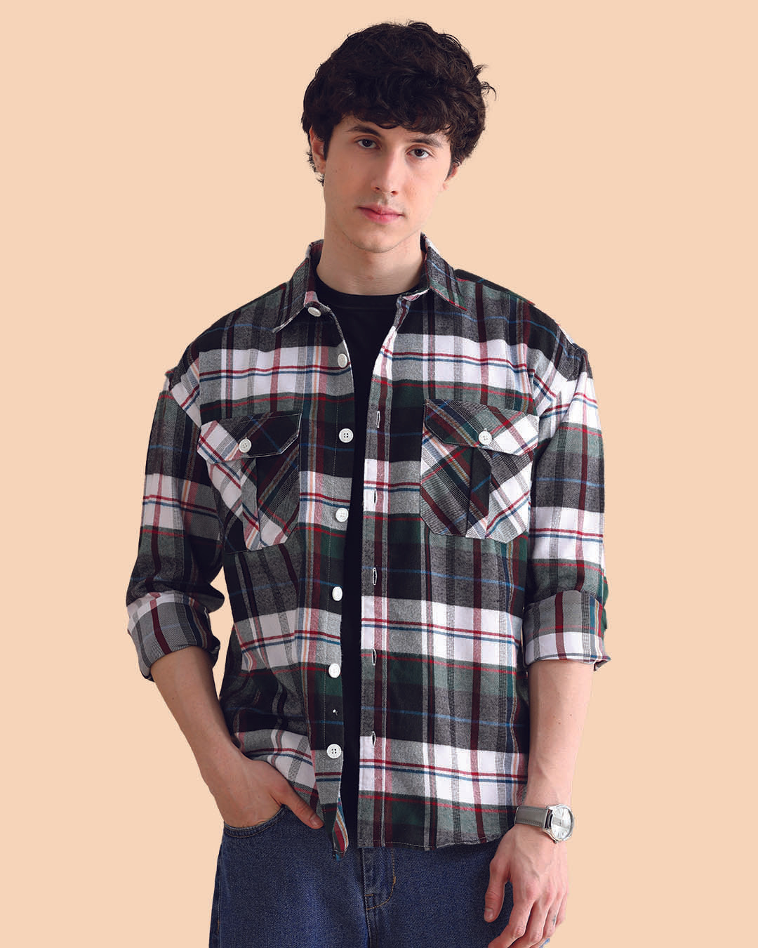 Buy Men's White & Black Checked Oversized Shacket Online at Bewakoof