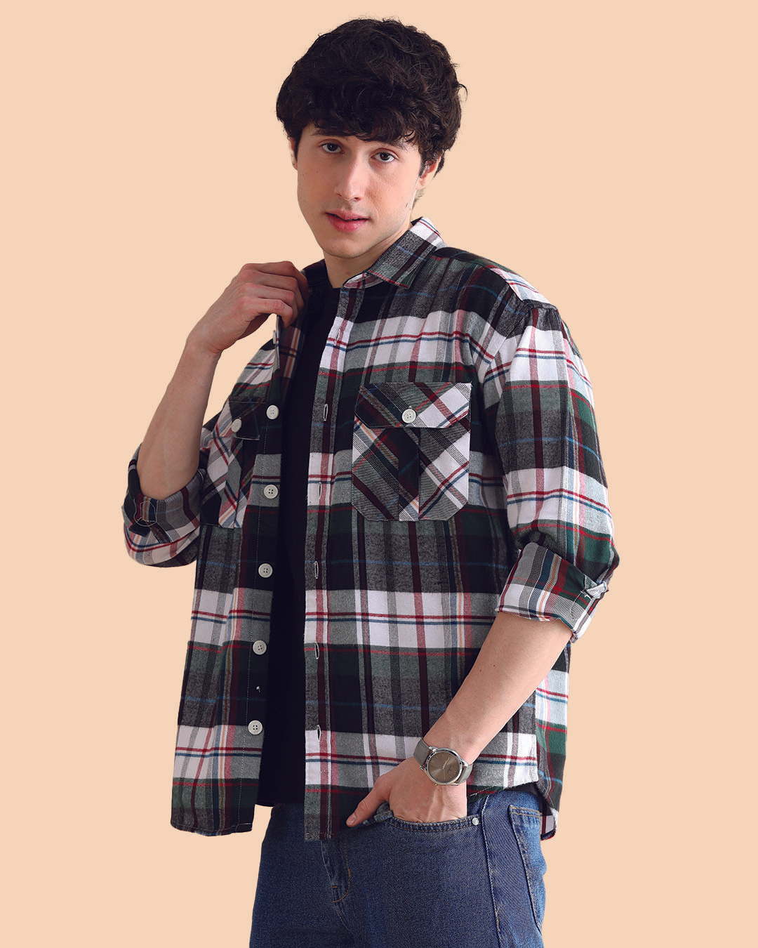 Buy Men's White & Black Checked Oversized Shacket Online at Bewakoof