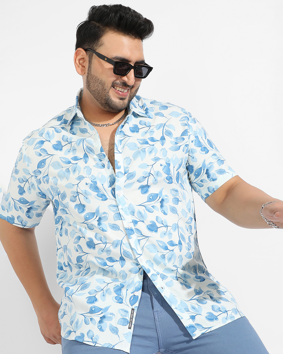 Buy Mens White And Blue All Over Leaf Printed Oversized Shirt Online At