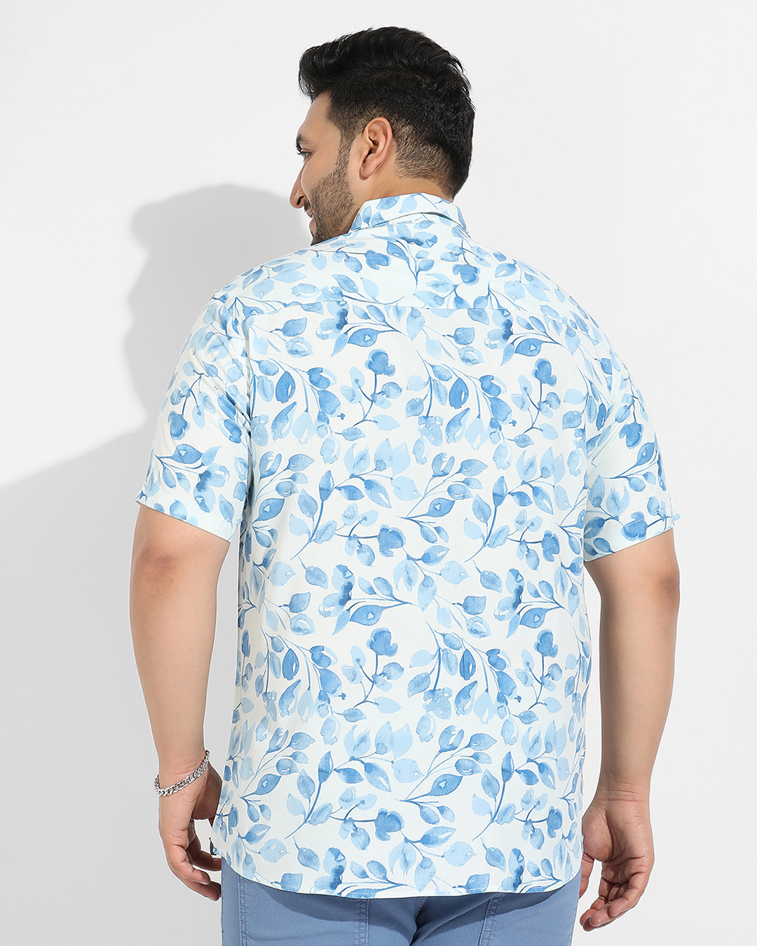 Buy Mens White And Blue All Over Leaf Printed Oversized Shirt Online At