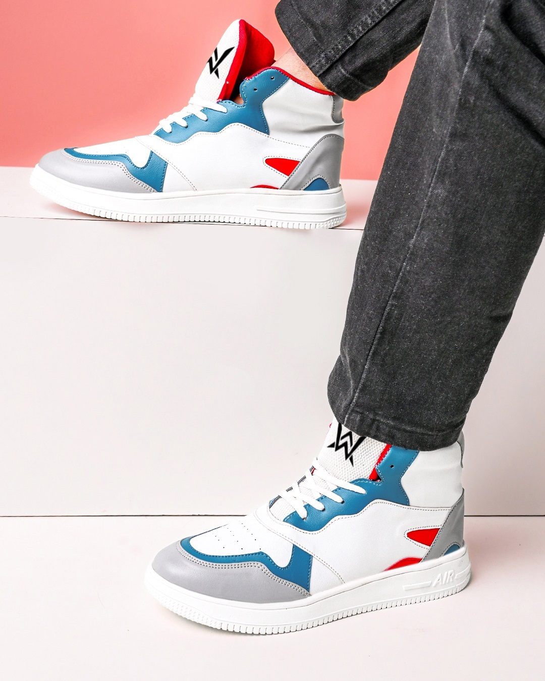 Buy Men's White & Blue Color Block High-Top Sneakers Online in India at ...