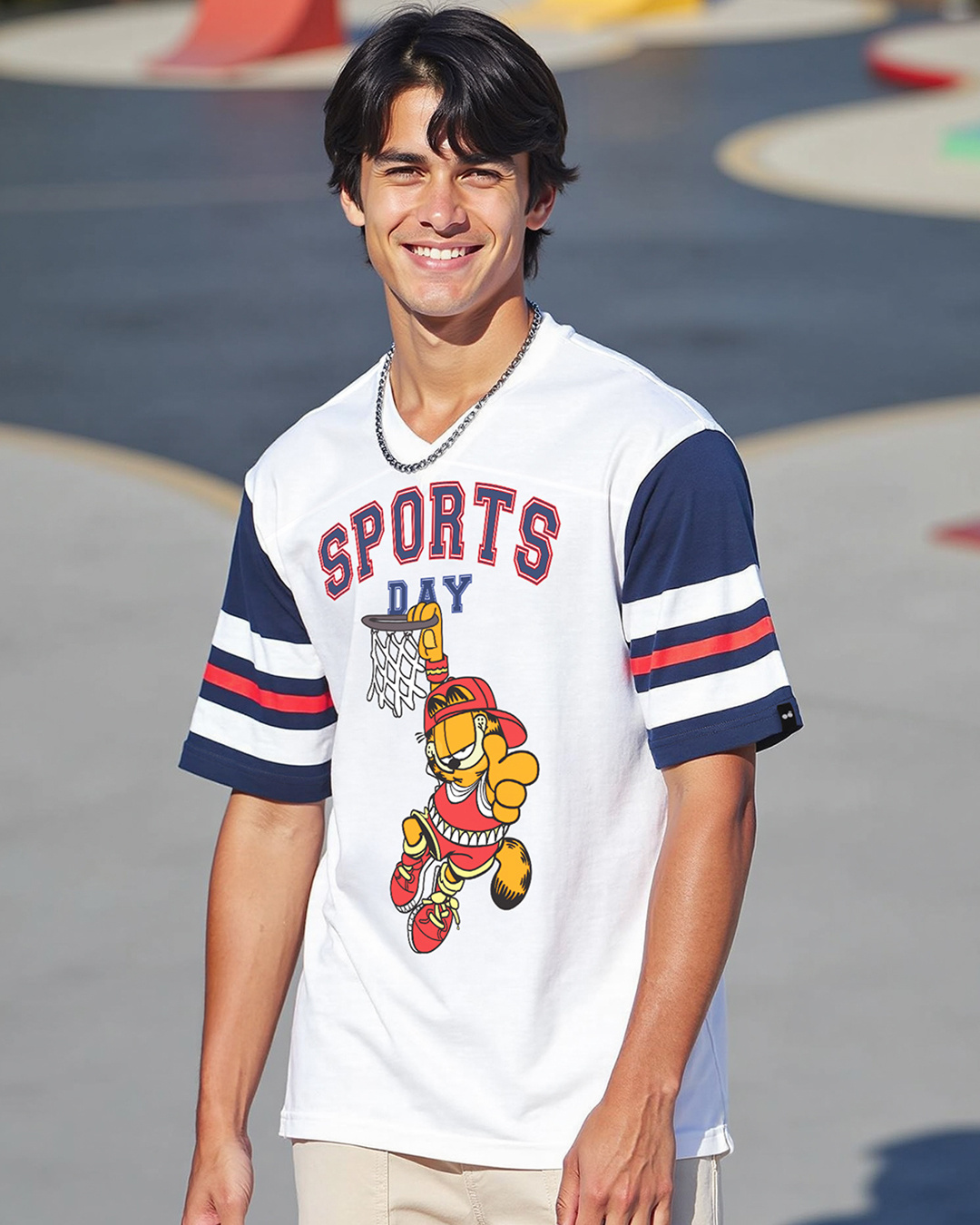 Buy Men's White & Blue Sports Day Graphic Printed Oversized T-shirt ...
