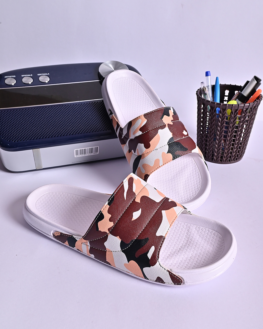 Buy Men's White & Brown Camouflage Sliders Online in India at Bewakoof