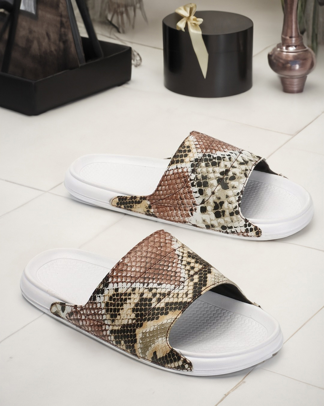 Buy Men's White & Brown Printed Sliders Online in India at Bewakoof
