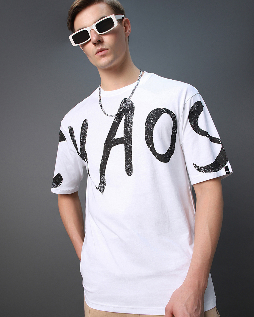 Buy Men's White Chaos Typography Oversized T-shirt Online at Bewakoof