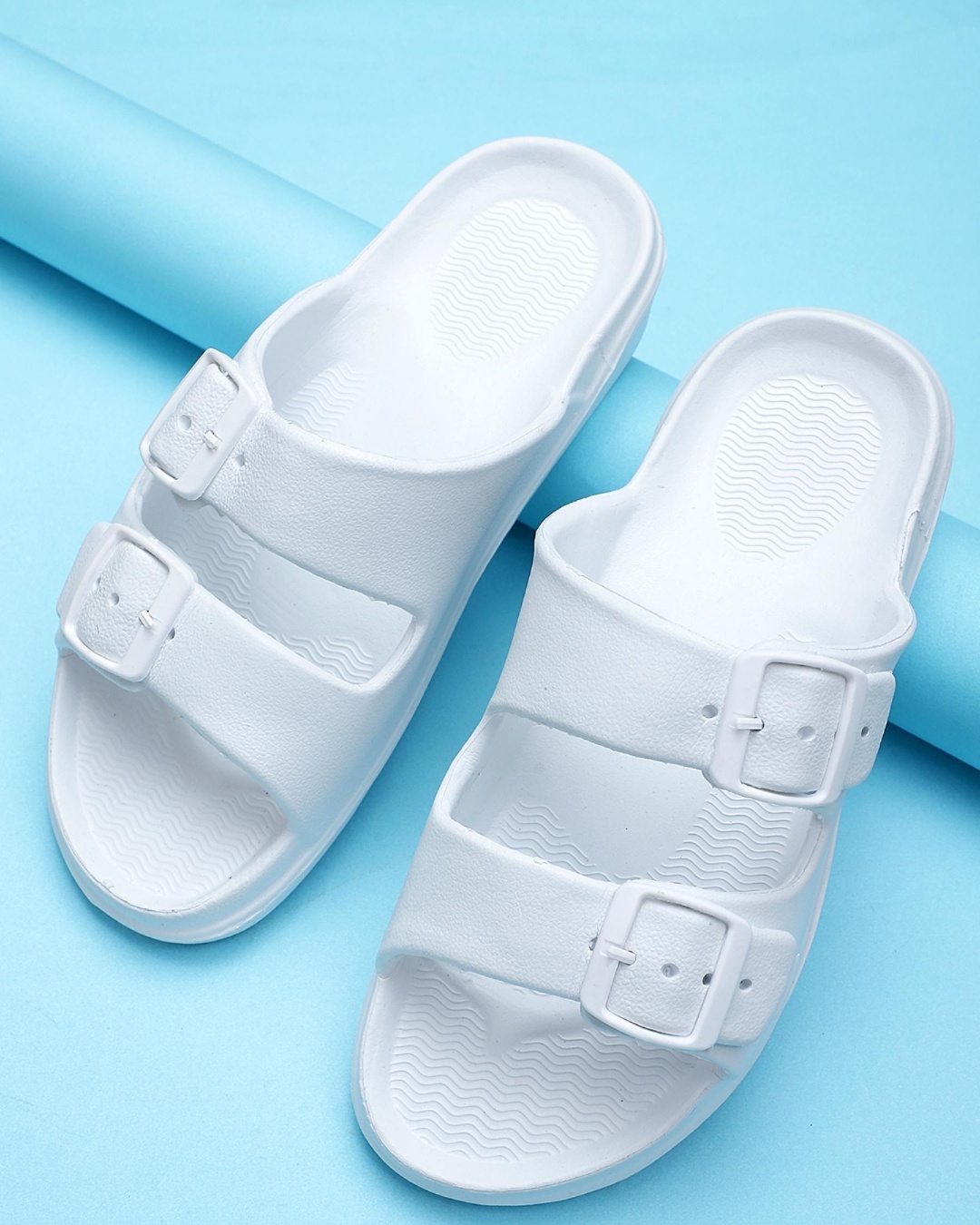 Buy Men's White Double Buckle Sliders Online in India at Bewakoof