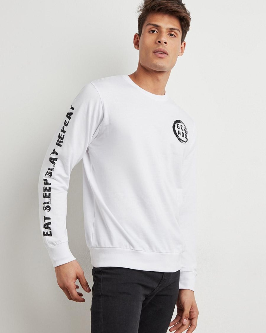 Buy Men's White Eat Sleep Slay Repeat Typography Sweatshirt Online at ...
