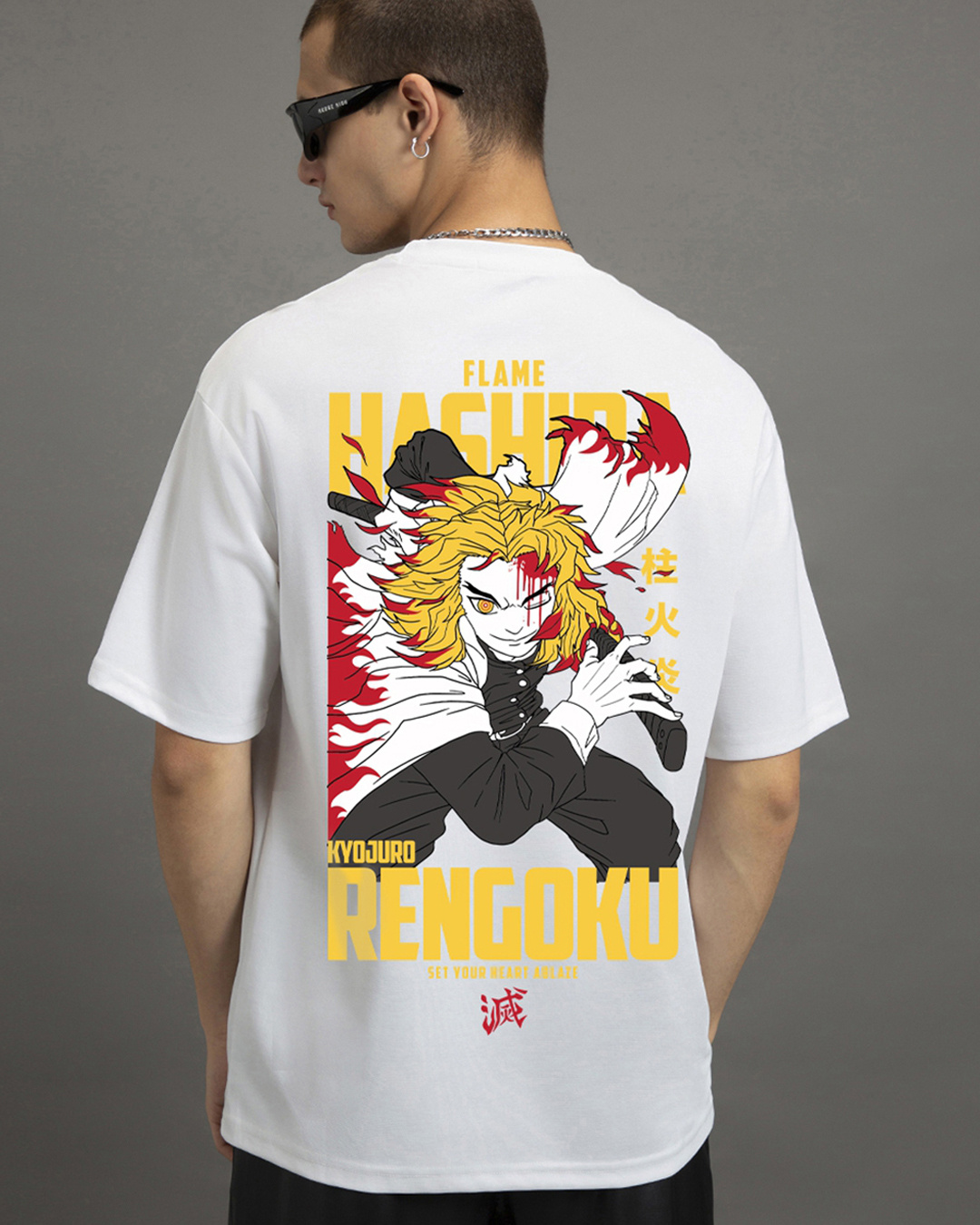 Buy Men's White Flame Hashira Graphic Printed Oversized T-shirt Online ...