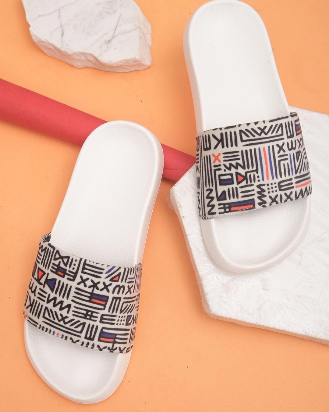 Buy Men's White Geometric Printed Sliders Online in India at Bewakoof