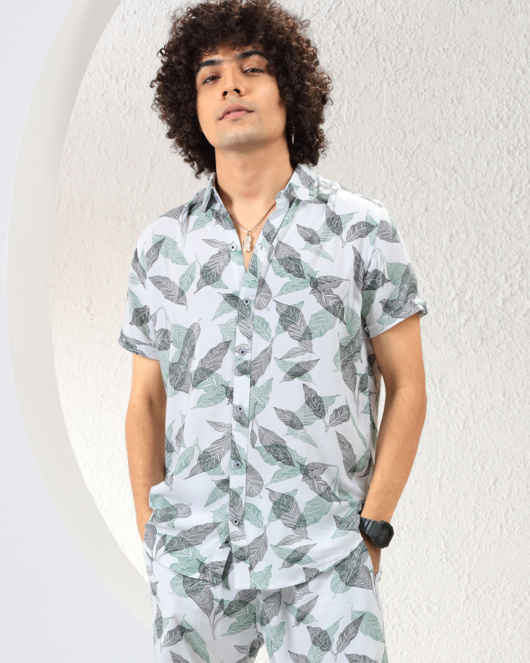 Buy Mens White And Green All Over Leaf Printed Co Ordinates Online In