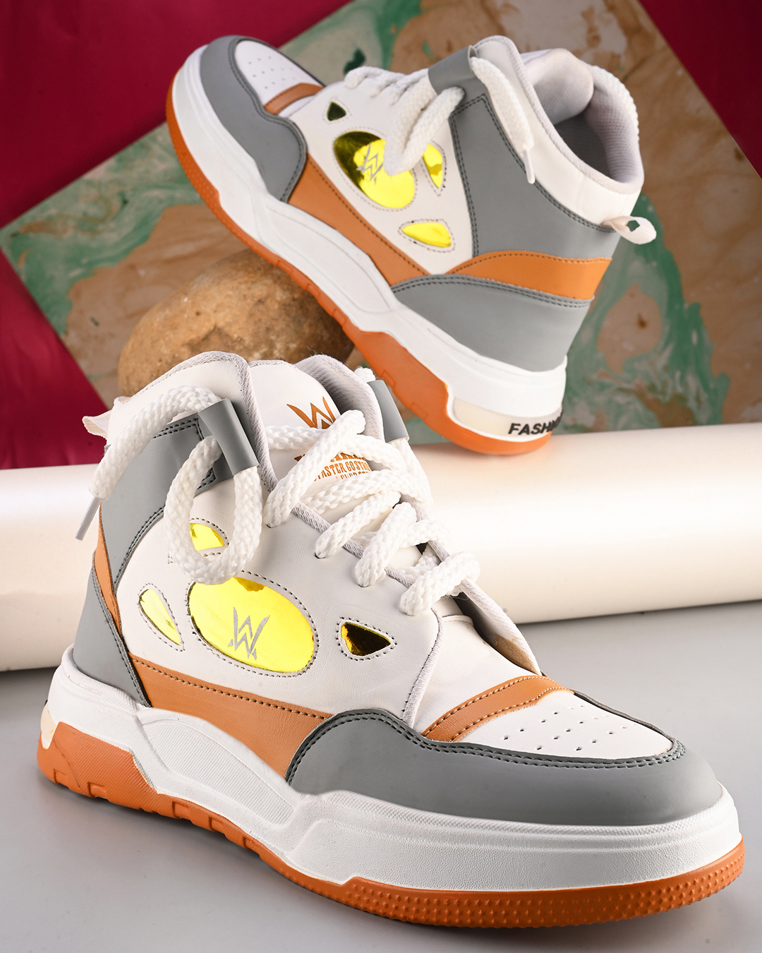 Buy Men's White & Grey Color Block High-Top Sneakers Online in India at ...