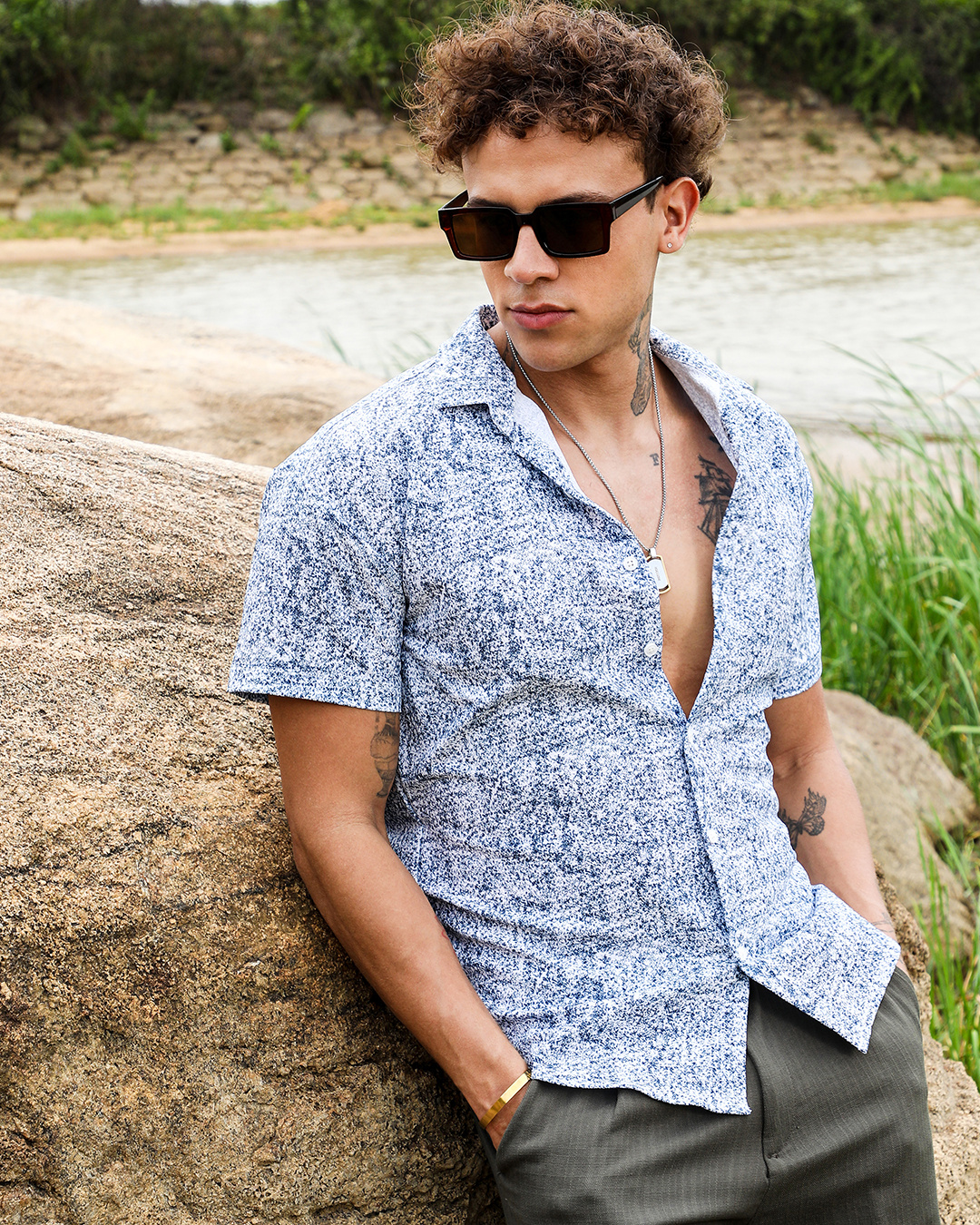 Buy Men's White & Indigo Blue All Over Printed Shirt Online at Bewakoof