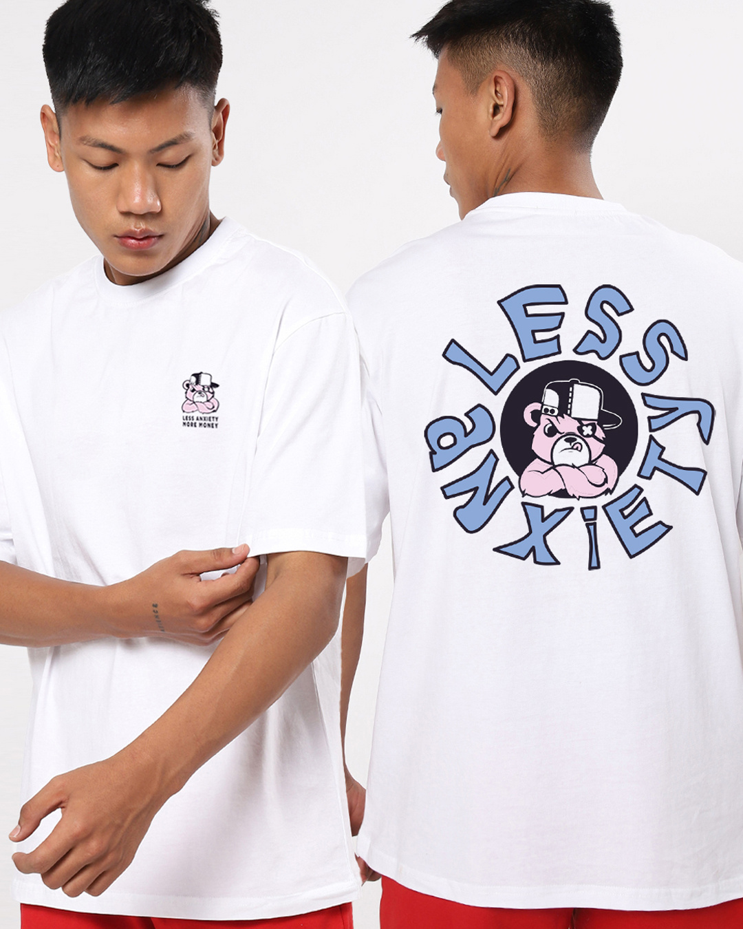 Buy Men's White Less Anxiety Graphic Printed Oversized Fit T-shirt ...