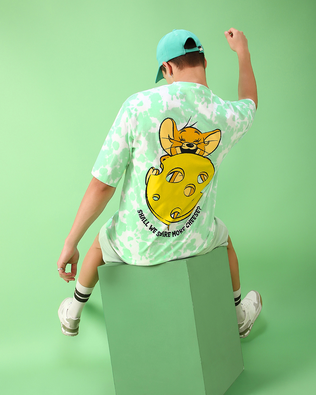 Buy Men's Green & White More Cheese Graphic Printed Oversized T-shirt ...