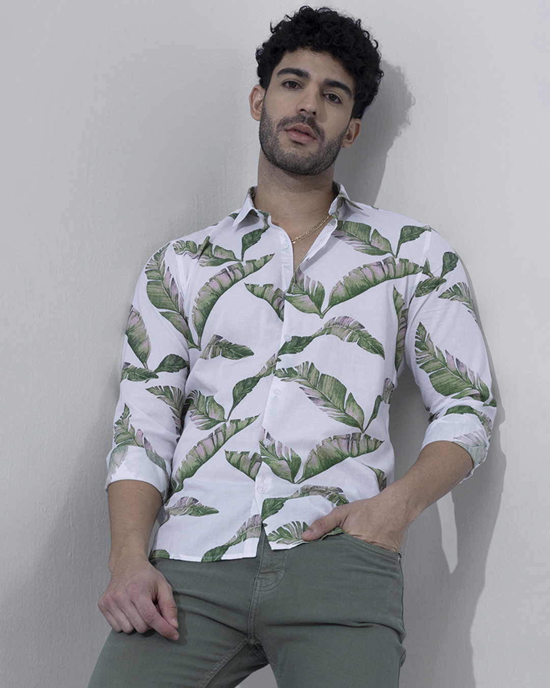 Buy Mens White And Pink All Over Leaf Printed Slim Fit Shirt Online At