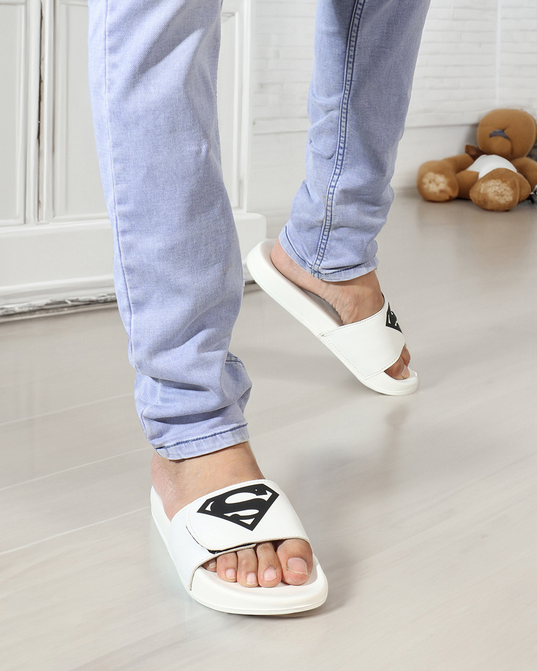 Buy Men's White Printed Velcro Sliders Online in India at Bewakoof
