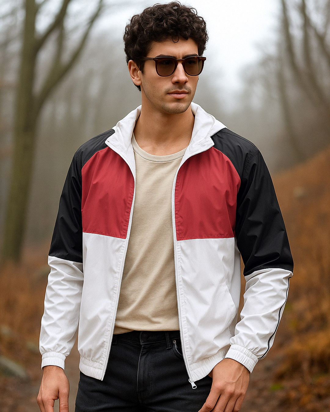 Buy Men's White & Red Color Block Hooded Windcheater Jacket Online at ...