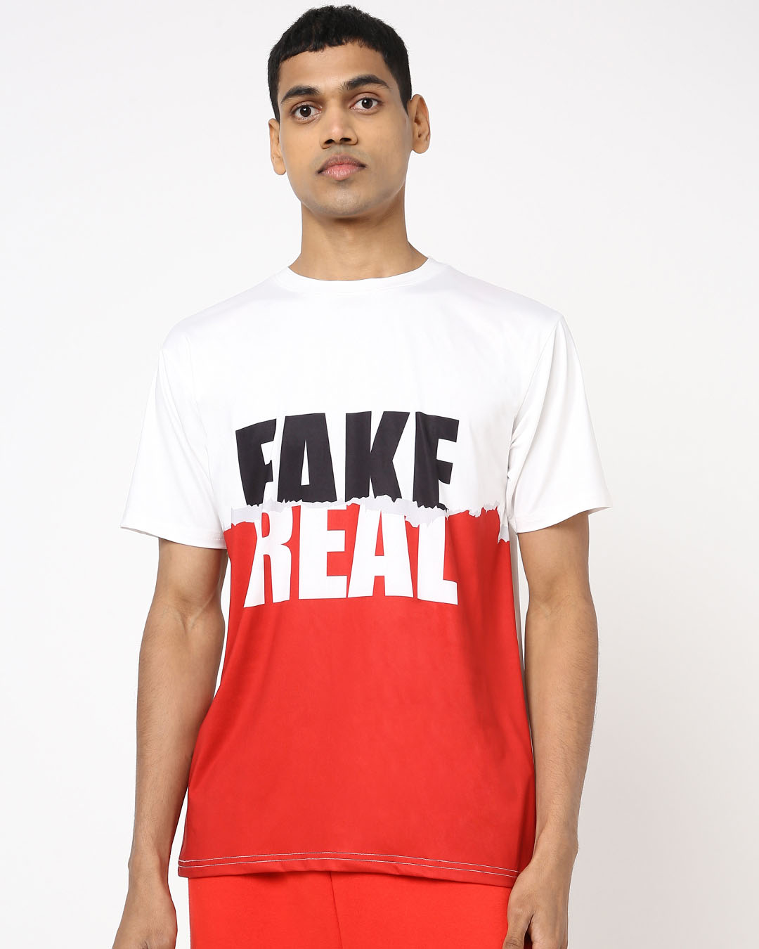 Buy Men's White & Red Fake or Real Color Block T-shirt Online at Bewakoof
