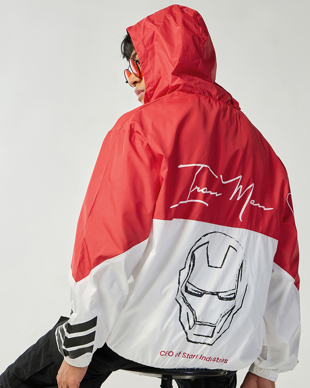 Buy Men's White & Red Iron Man Graphic Printed Oversized Windcheater ...