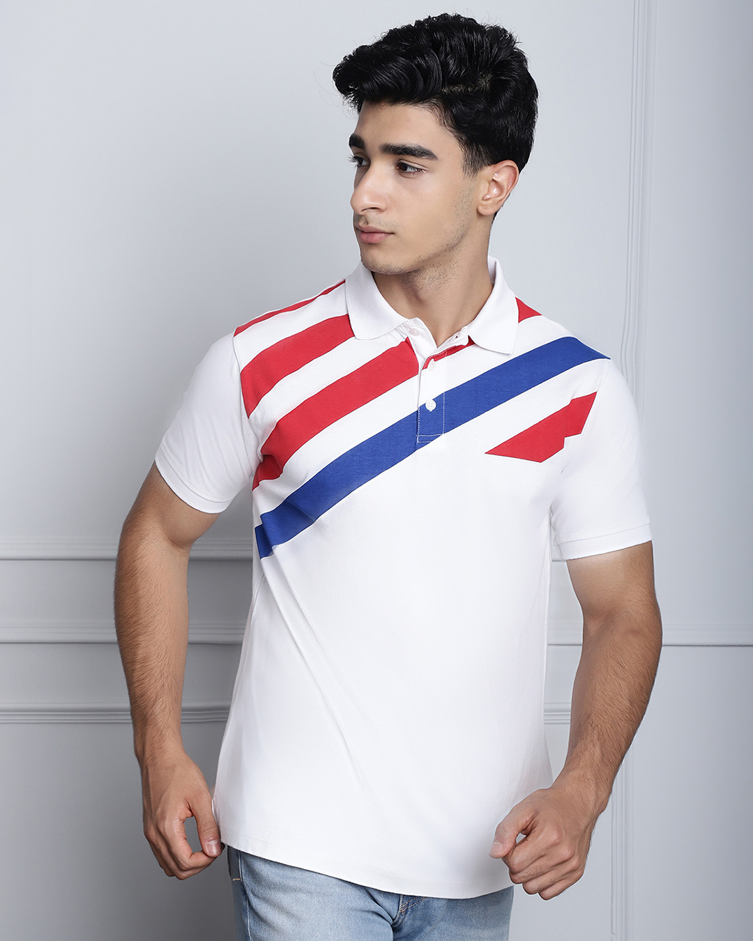 Buy Men's White & Red Striped Polo T-shirt Online at Bewakoof