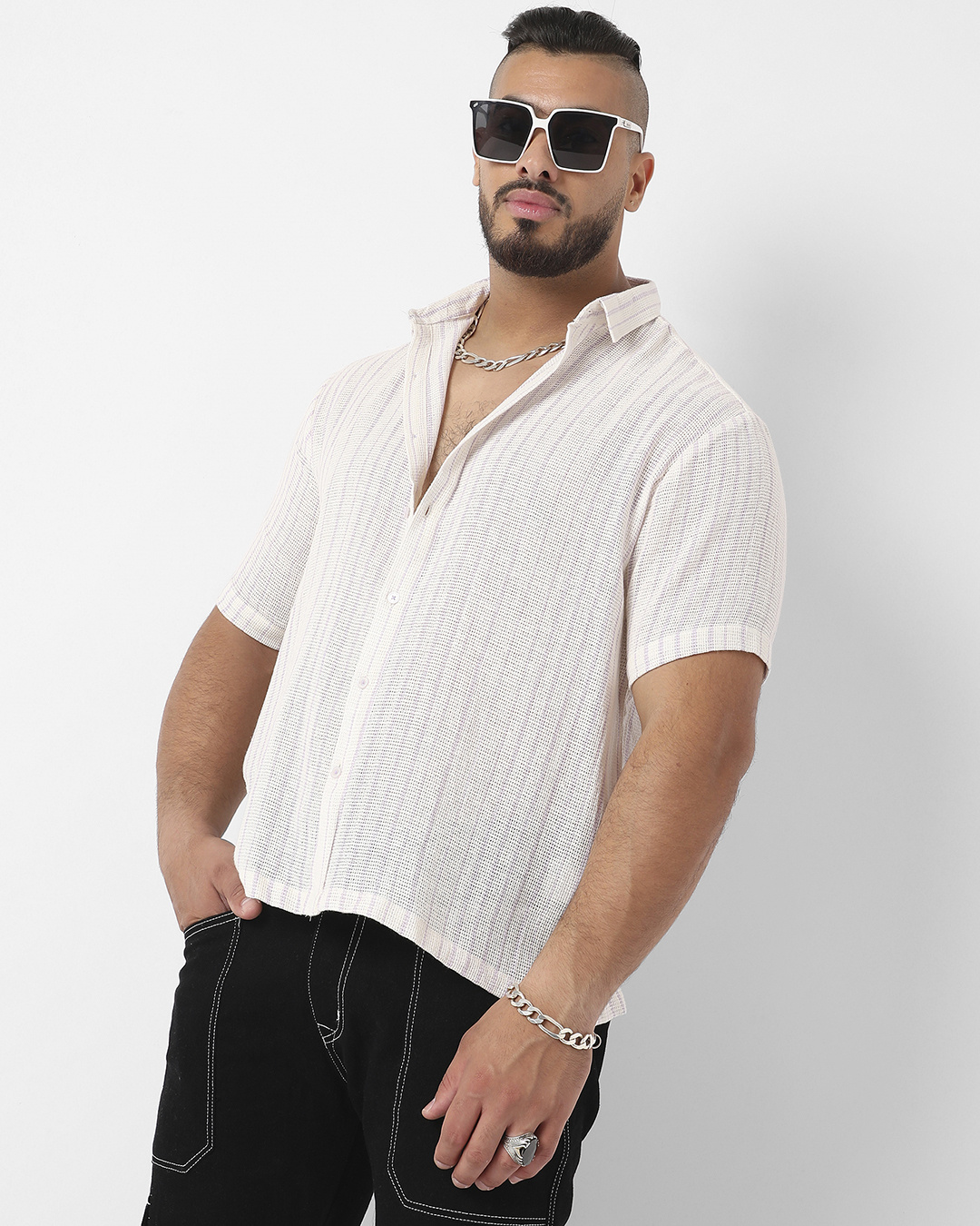 Buy Mens White And Lavender Striped Oversized Plus Size Shirt Online At