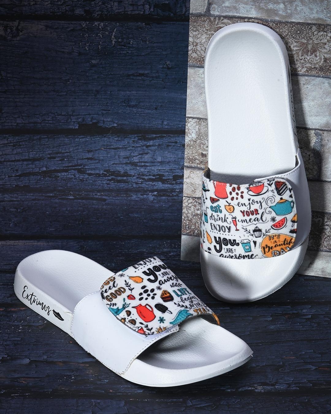 Buy Men's White Typographic Adjustable Strap Sliders Online in India at ...