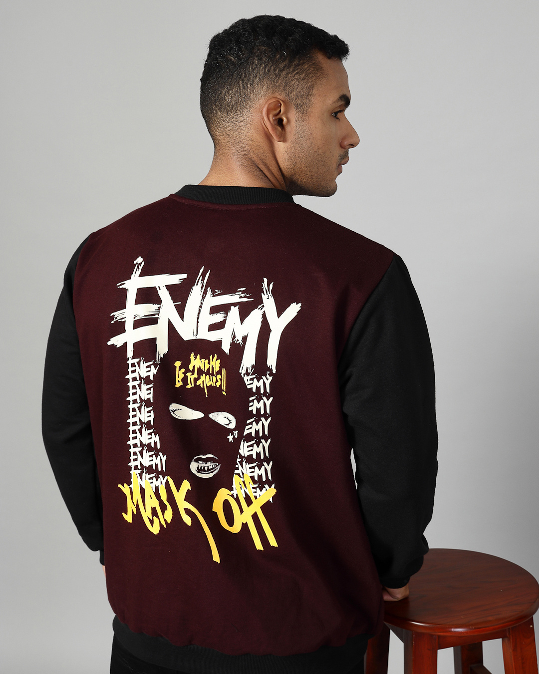 Buy Men's Wine Red & Black Graphic Printed Oversized Bomber Jacket ...