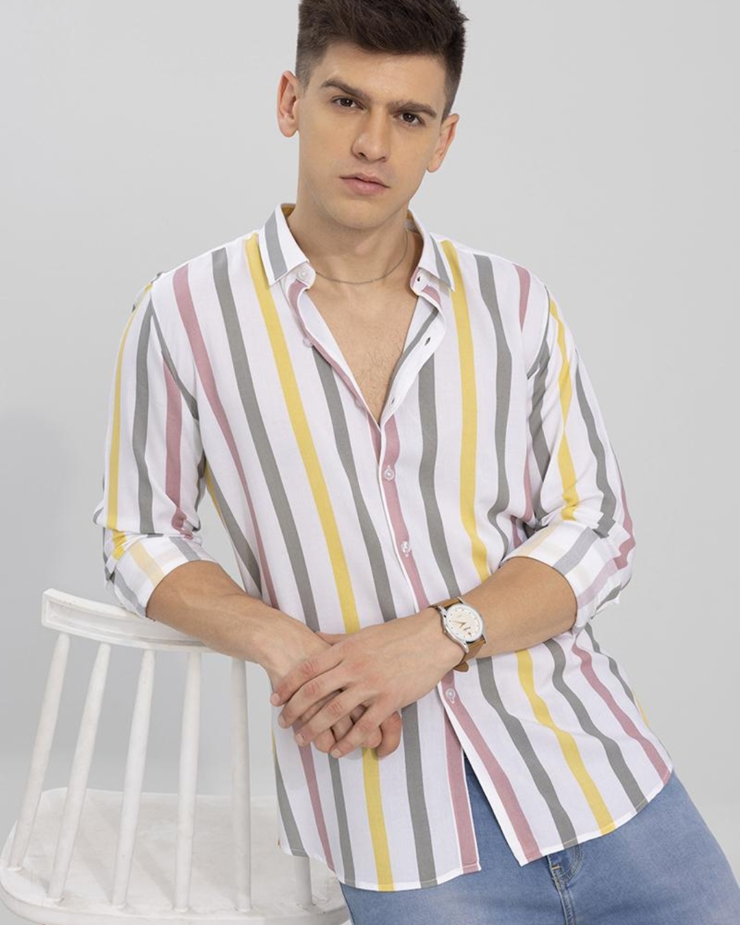 Buy Men's Yellow Band Striped Slim Fit Shirt Online at Bewakoof