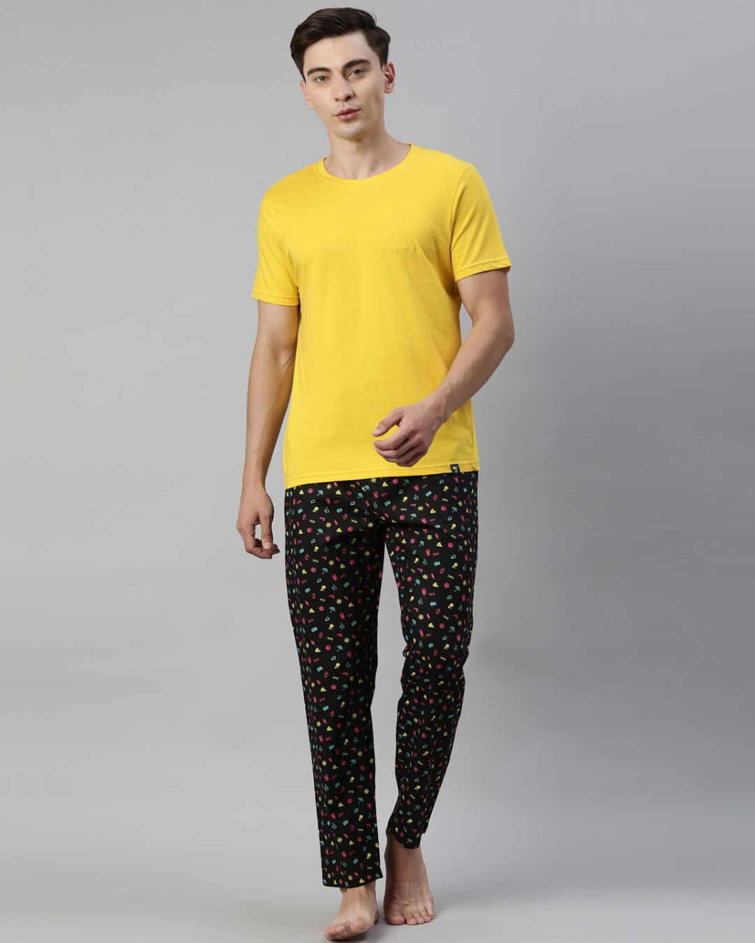 Buy Men's Yellow & Black Printed Cotton T-shirt & Pyjamas Set Online in ...