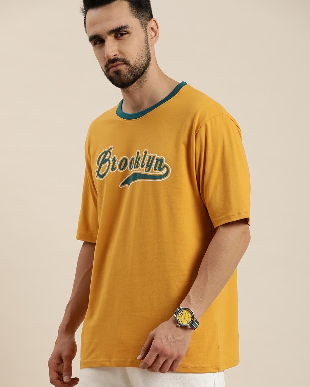 Buy Men's Yellow Brooklyn Typography Oversized T-shirt Online at Bewakoof