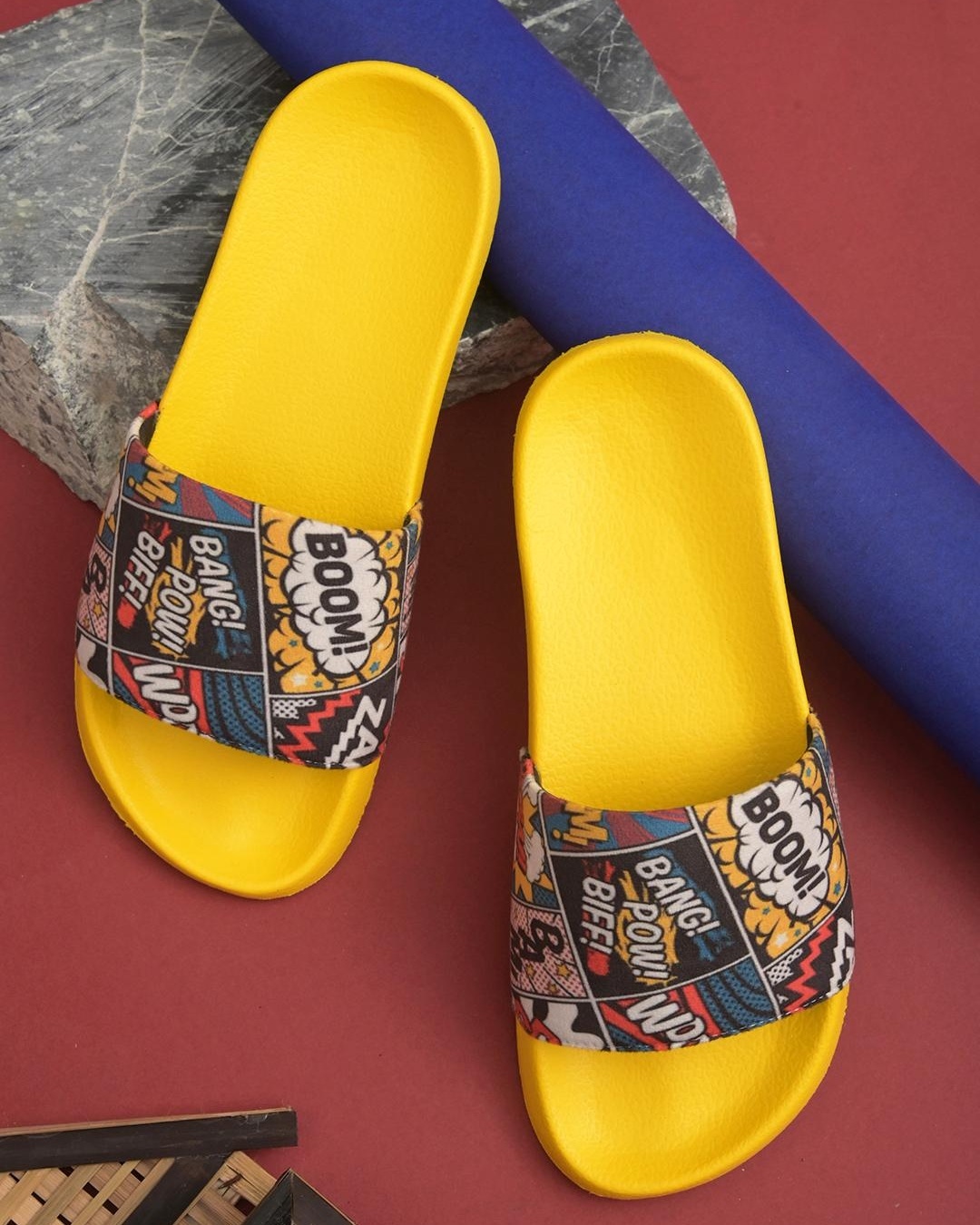 Buy Men's Yellow Printed Sliders Online in India at Bewakoof