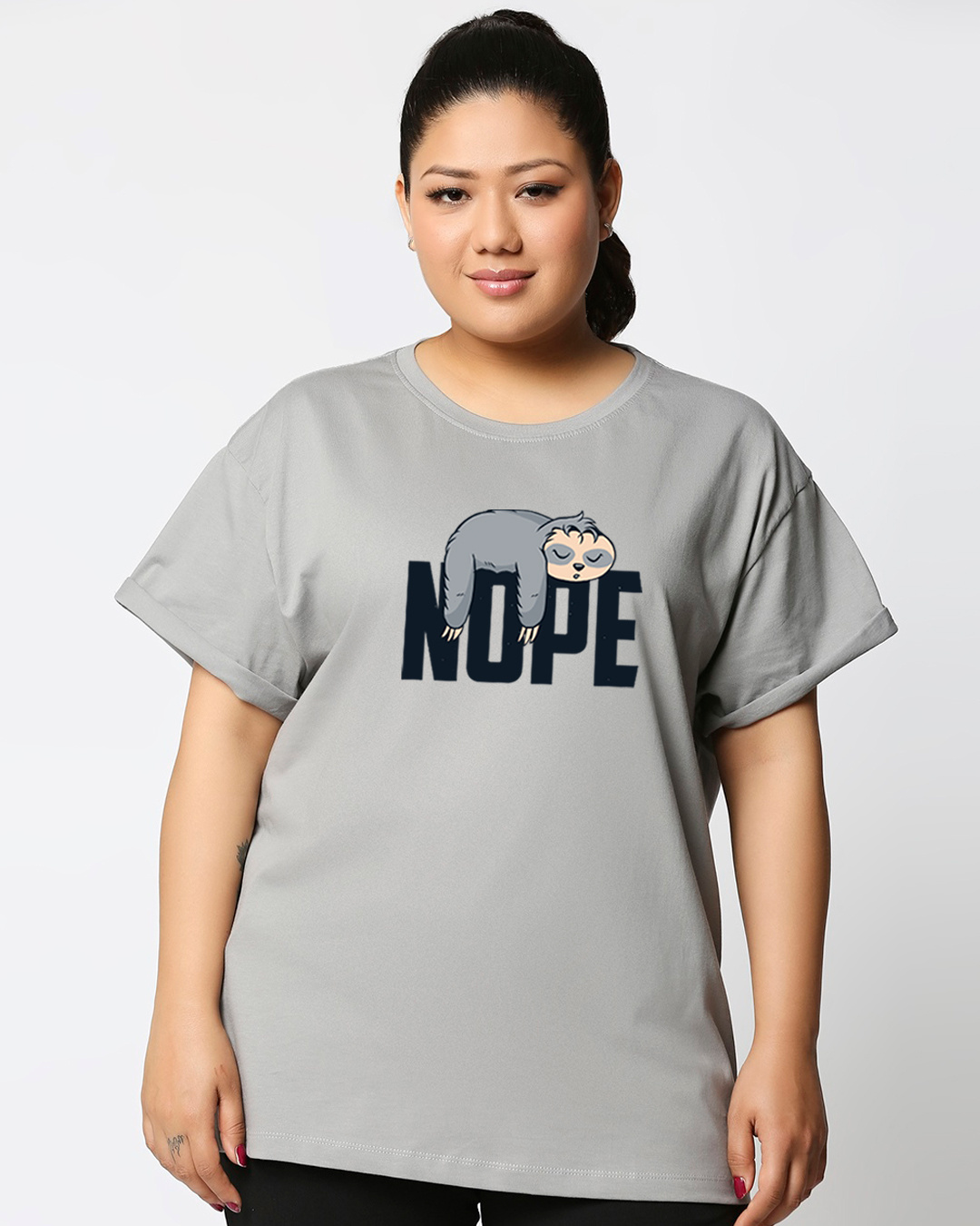 Buy Women's Grey Nope Lazy Graphic Printed Boyfriend Plus Size T-shirt Online at Bewakoof