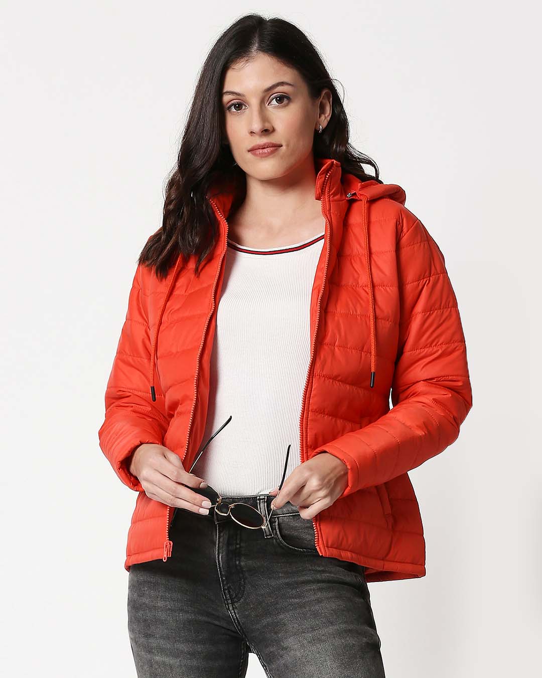 Buy Women's Orange Puffer Jacket With Detachable Hood Online at Bewakoof